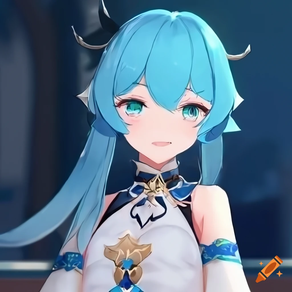 Blue-haired anime girl in detailed white clothing with Genshin Impact ...