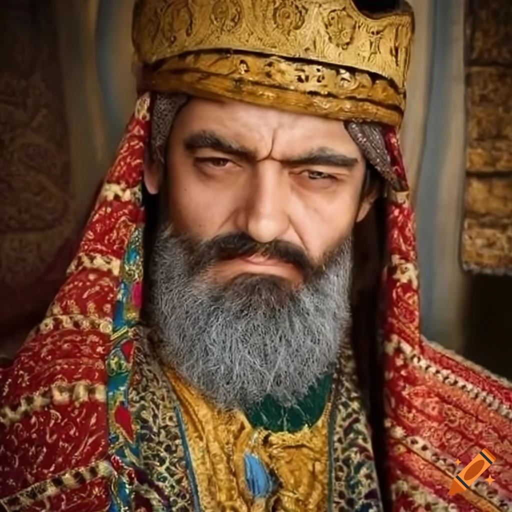 Magnificent Persian king in royal attire visiting a village on Craiyon