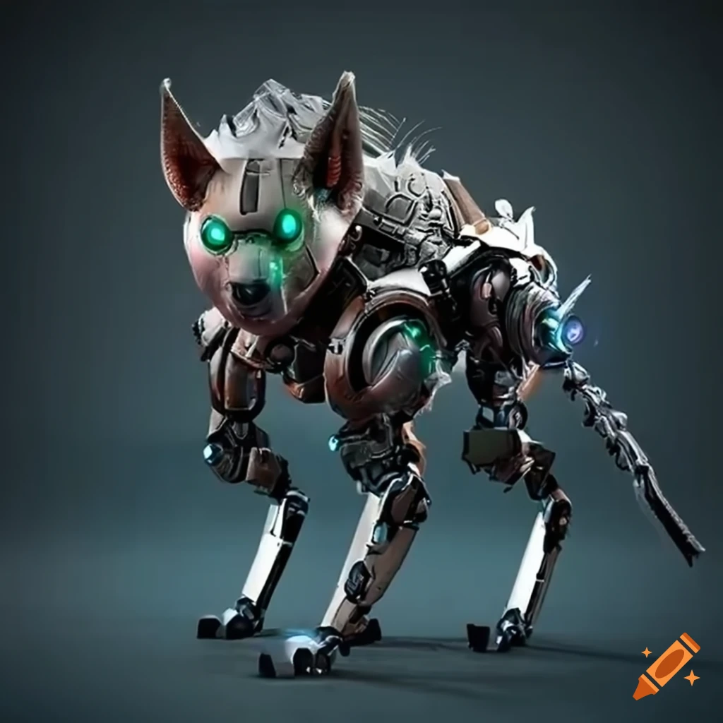Intricately detailed mechanical robotic hyena with glowing eyes on Craiyon