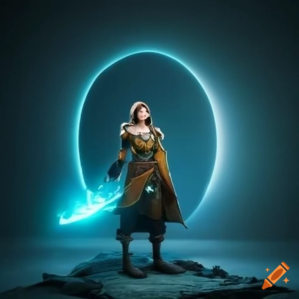 Brave adventurer standing in front of a mystical portal ready for a ...