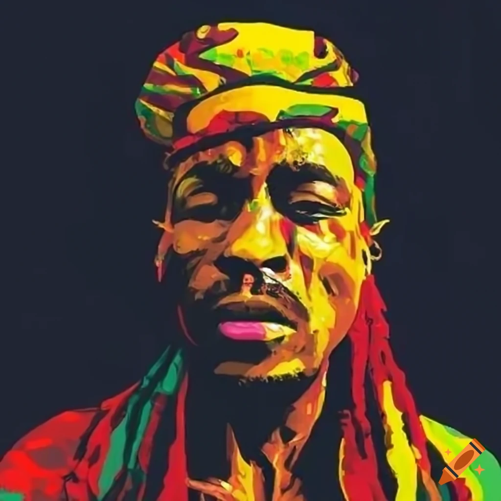 Man in Jamaican attire playing a drum on a vibrant reggae album cover ...