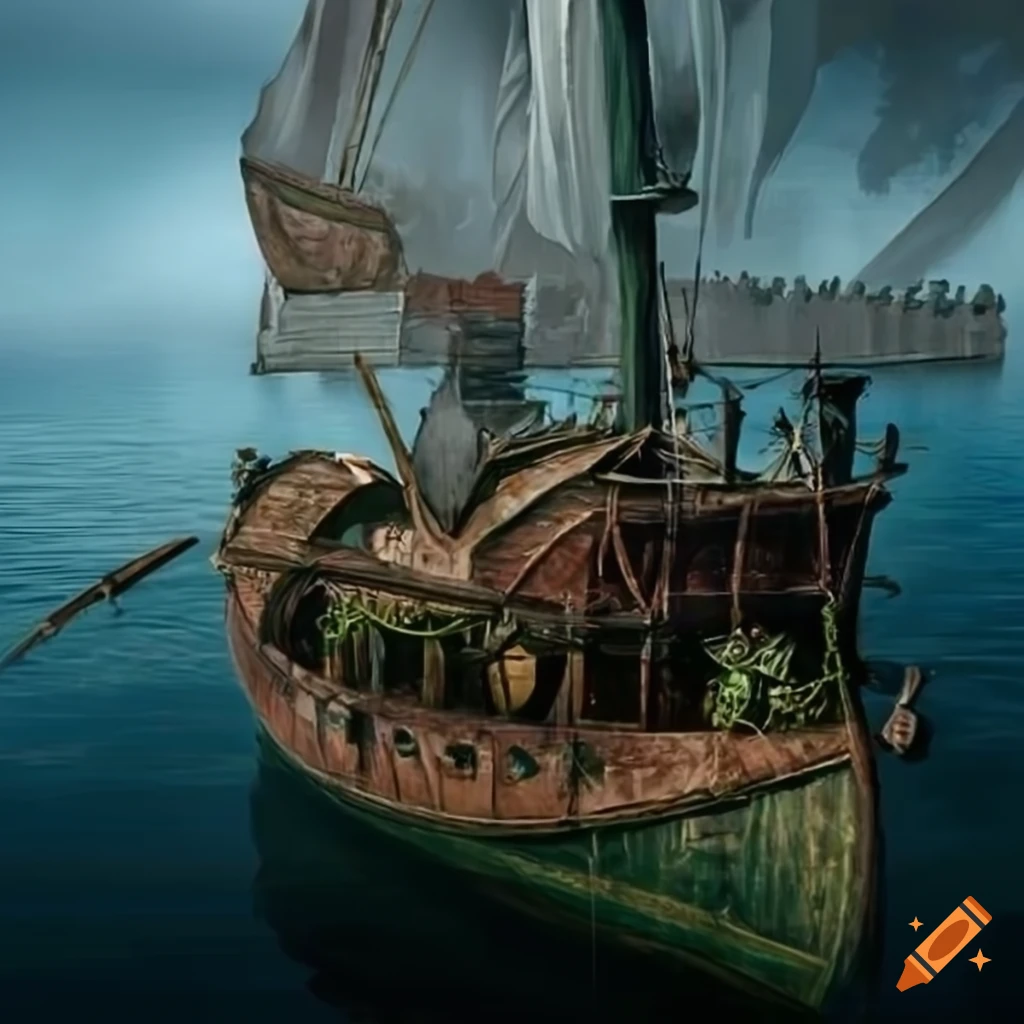 Steampunk sailing boat with a serpent figurehead and houses covered by ...