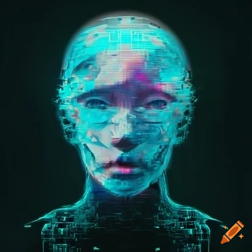 Techno abstract artificial intelligence concept with a transparent face and futuristic elements ...