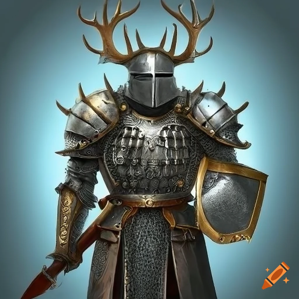 Armored knight with deer horn helm holding a sword at a castle on Craiyon