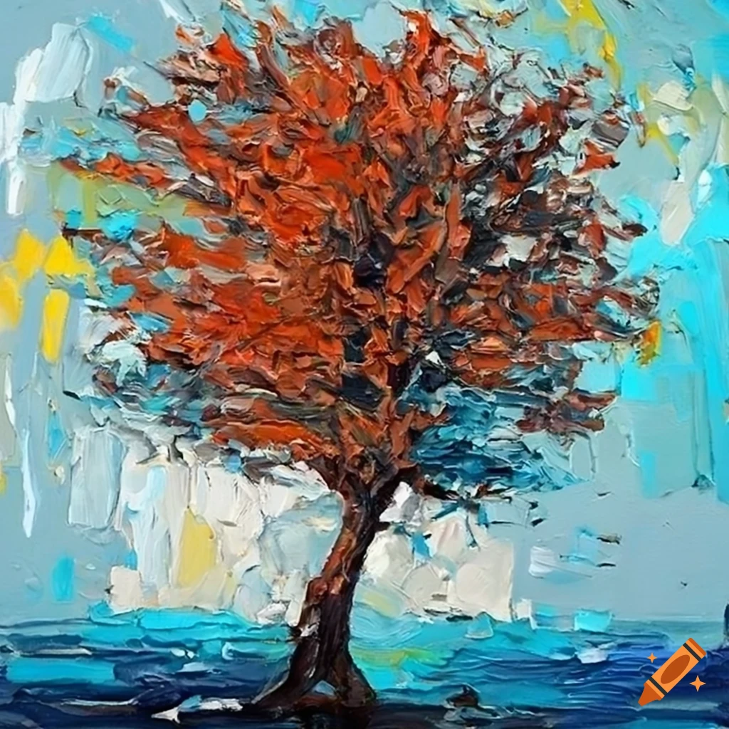 Lonely tree depicted with thick impasto technique on Craiyon