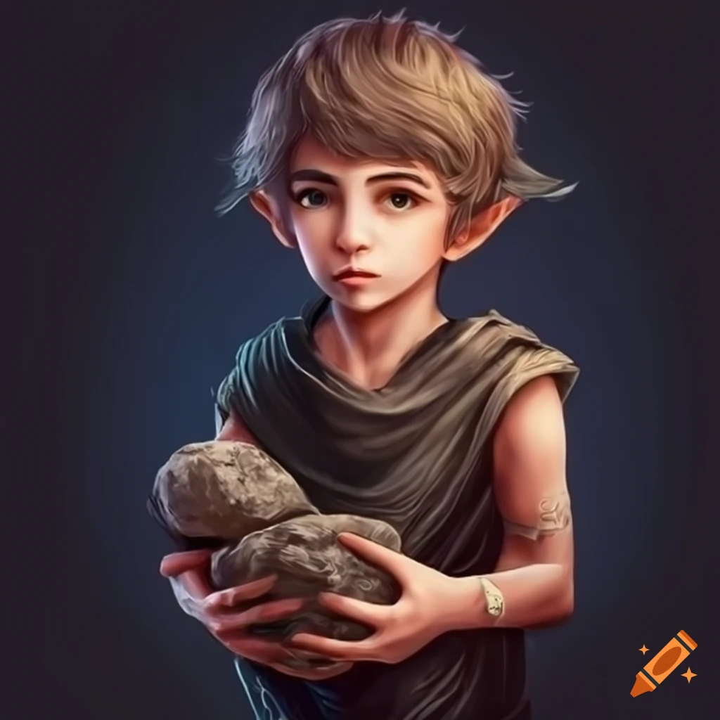 Young male child with a rock in a fantasy setting on Craiyon