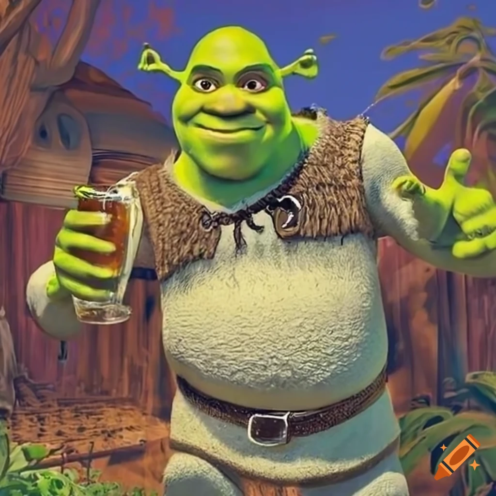 Shrek enjoying a beer on Craiyon