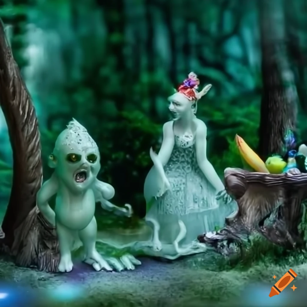 Enchanted forest scene with a fairy and a mutant omega mart on Craiyon