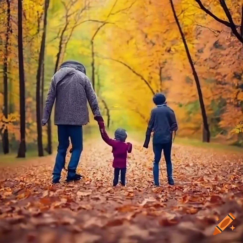 Happy family enjoying a fall stroll among vibrant autumn leaves on Craiyon