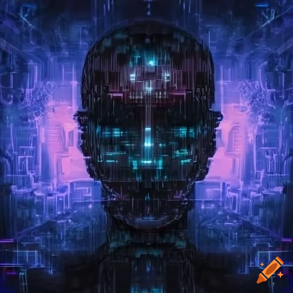 Abstract techno ai face with solid spirit inside, dark factory smog in ...