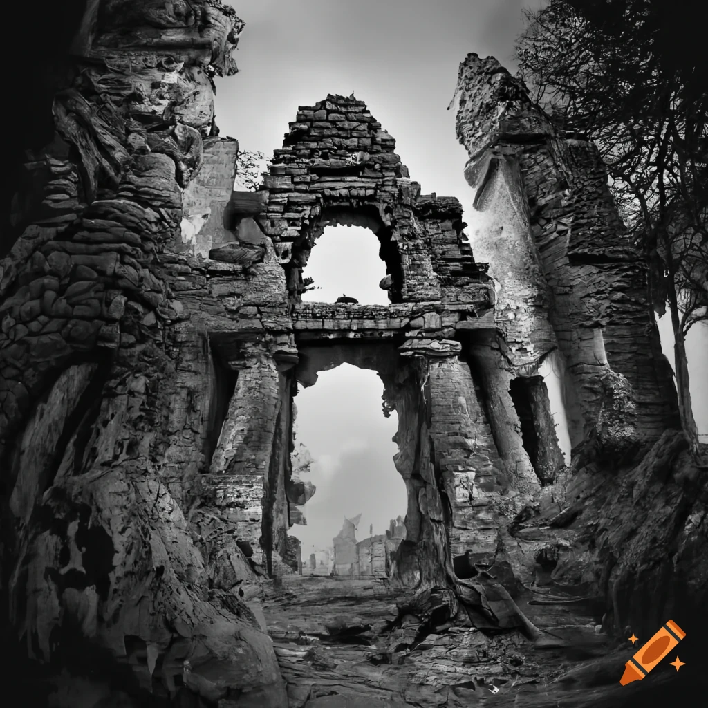 Ancient ruin with evil aura, explorers in equatorial forest, pencil ...