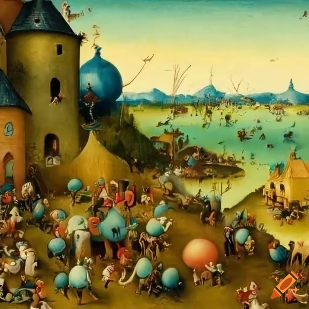 Village landscape with intricate details inspired by hieronymus bosch ...