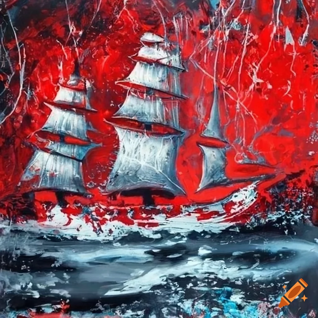 Abstract splatter painting of a ship in a storm with silver, white, and ...
