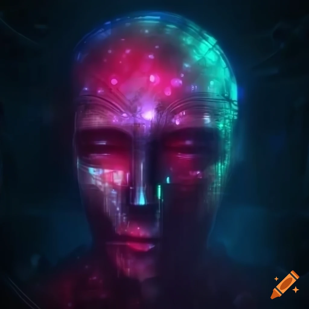 Abstract techno ai face with a solid spirit inside, dark factory smog ...