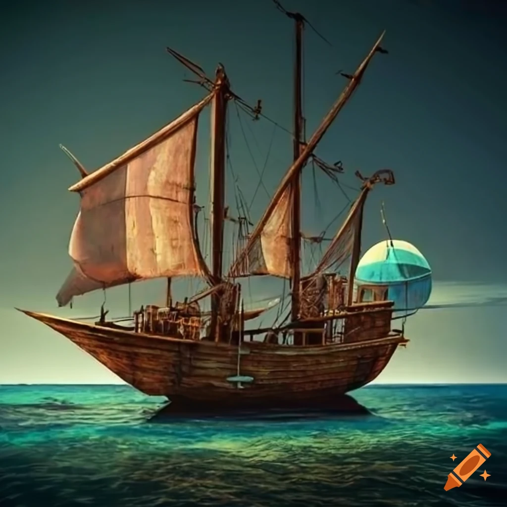 Steampunk sailing boat adorned with plants and futuristic machines on ...