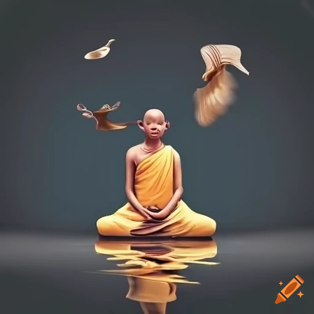 Meditating monk surrounded by flying objects on Craiyon