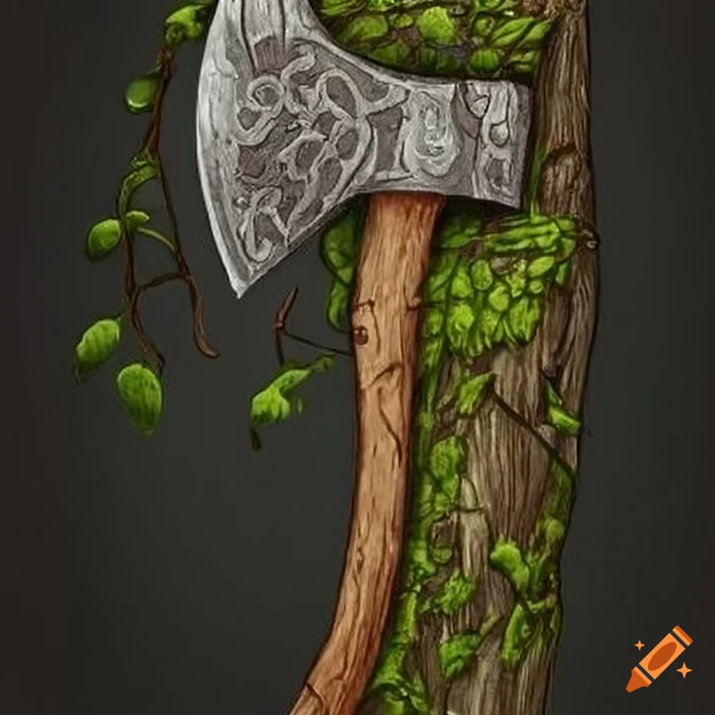 Quaint axe with moss and vines on Craiyon