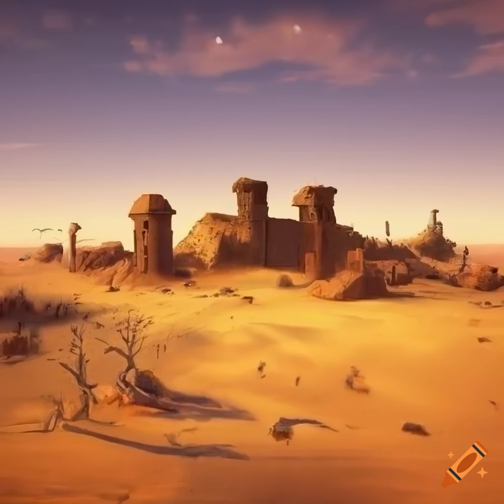 Post-apocalyptic desert landscape with old fortress ruins and scarce ...