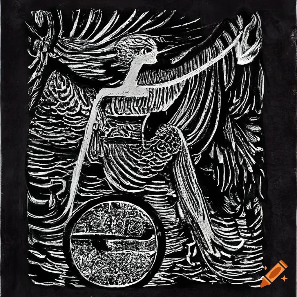 Abstract linoleum engraving of a flying bird in black and white on Craiyon