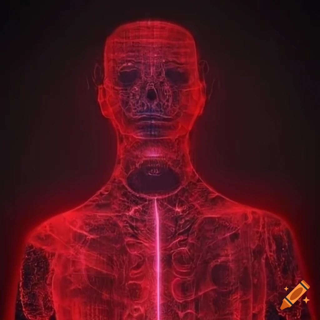Red humanoid-shaped hologram with intricate details on Craiyon
