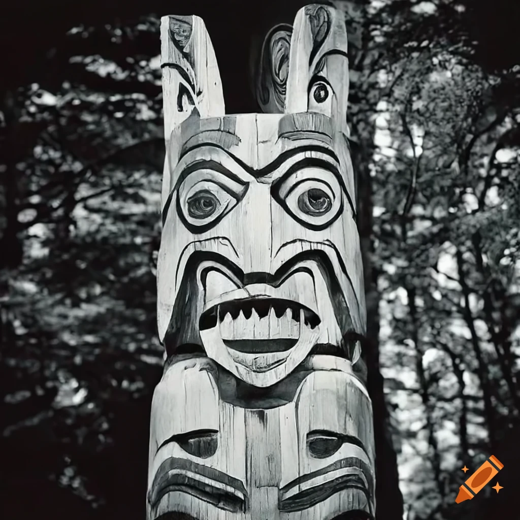 Intricately carved native american totem pole with spiritual symbols on ...