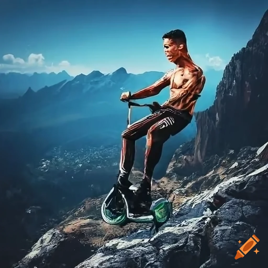 Cristiano Ronaldo riding a scooter up a mountain on Craiyon
