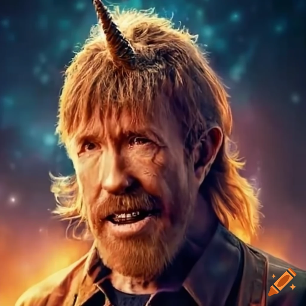 Chuck norris in action riding a mythical unicorn on Craiyon