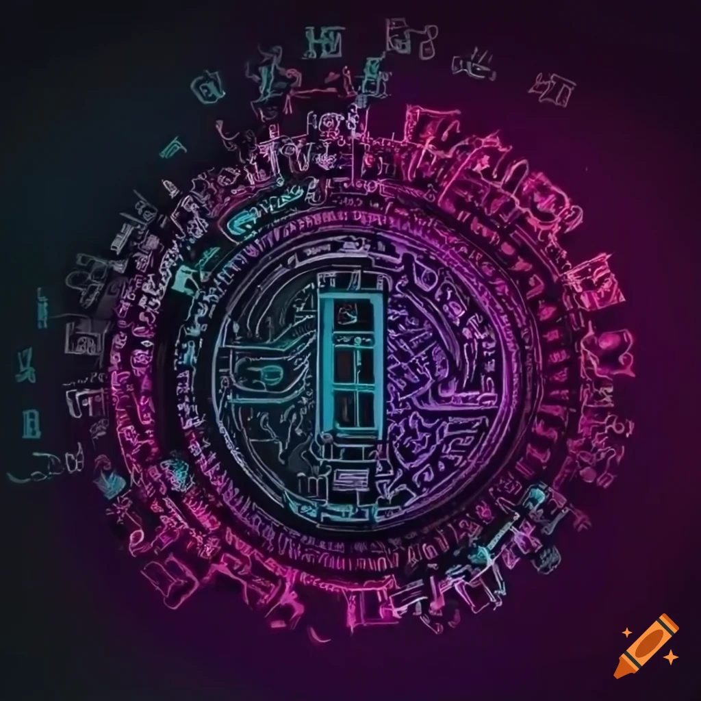 Intricate cryptographic symbols and keys on a dark background on Craiyon