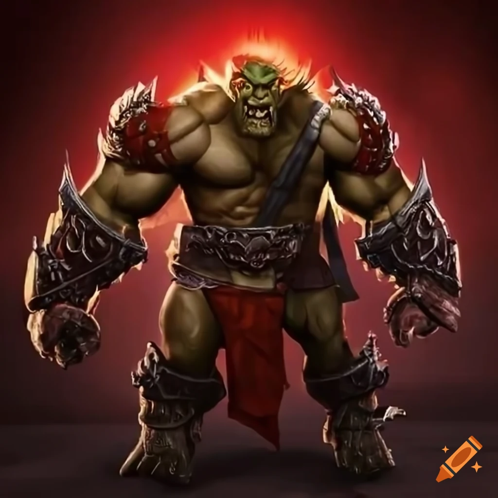 Powerful orc warrior with glowing red hair ready for battle on Craiyon