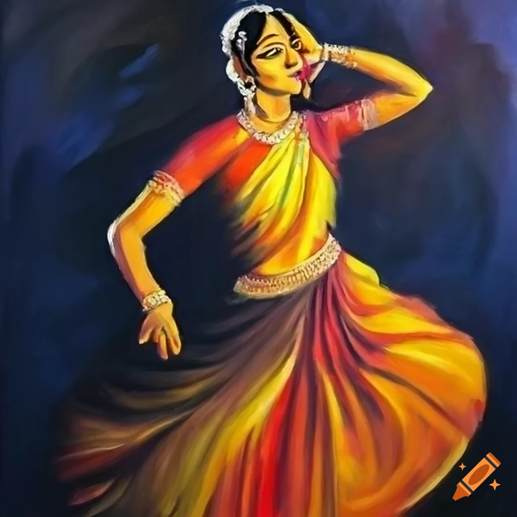 Indian traditional dance depicted in an oil painting at night on Craiyon