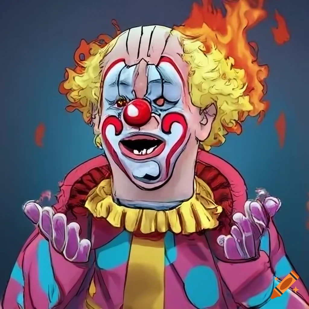 Cartoon depicting a clown warning about a fire in a theatre on Craiyon
