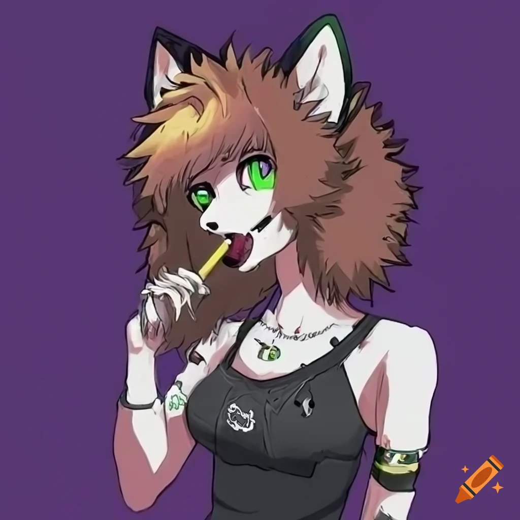 Dog furry punk rock girl in black ripped jeans with a green collar on ...