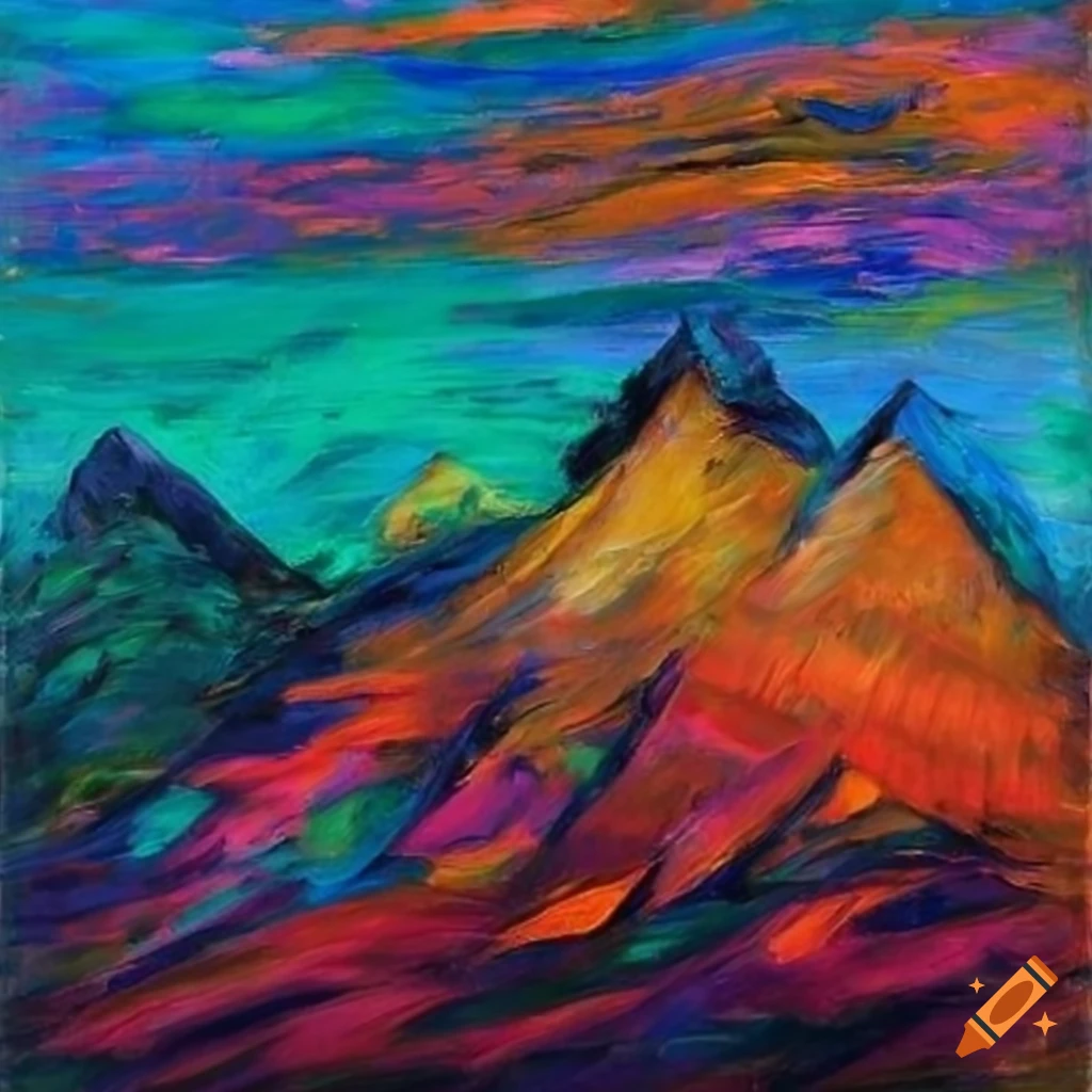 Textured mountain oil painting with a diagonal composition on Craiyon