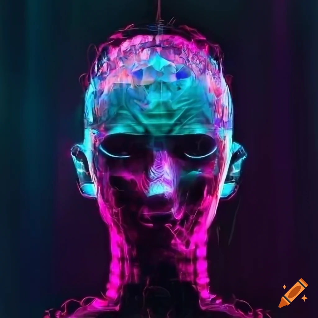 Techno abstract artificial intelligence concept with a transparent face and futuristic elements ...