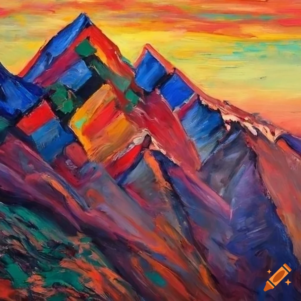 Textured mountain oil painting with a diagonal composition on Craiyon