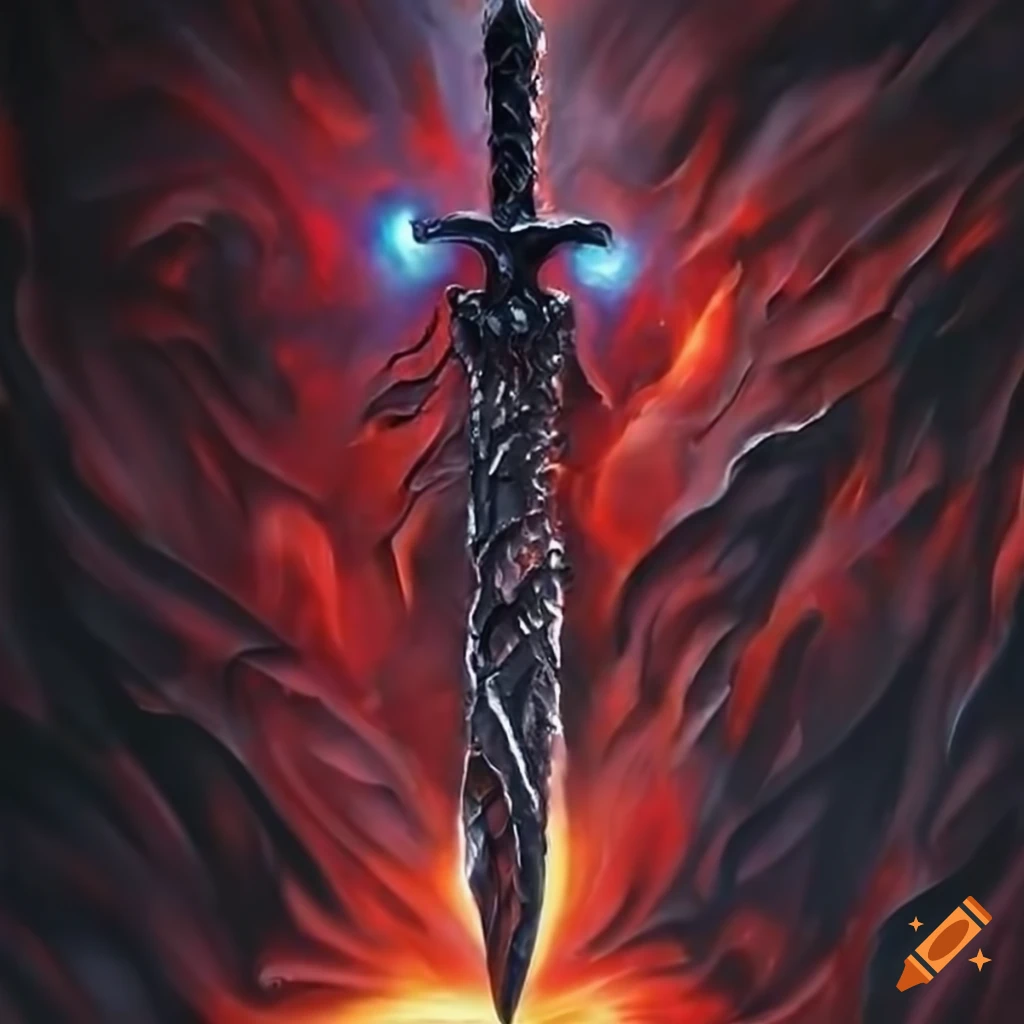 Enchanted obsidian sword with fiery red aura on Craiyon
