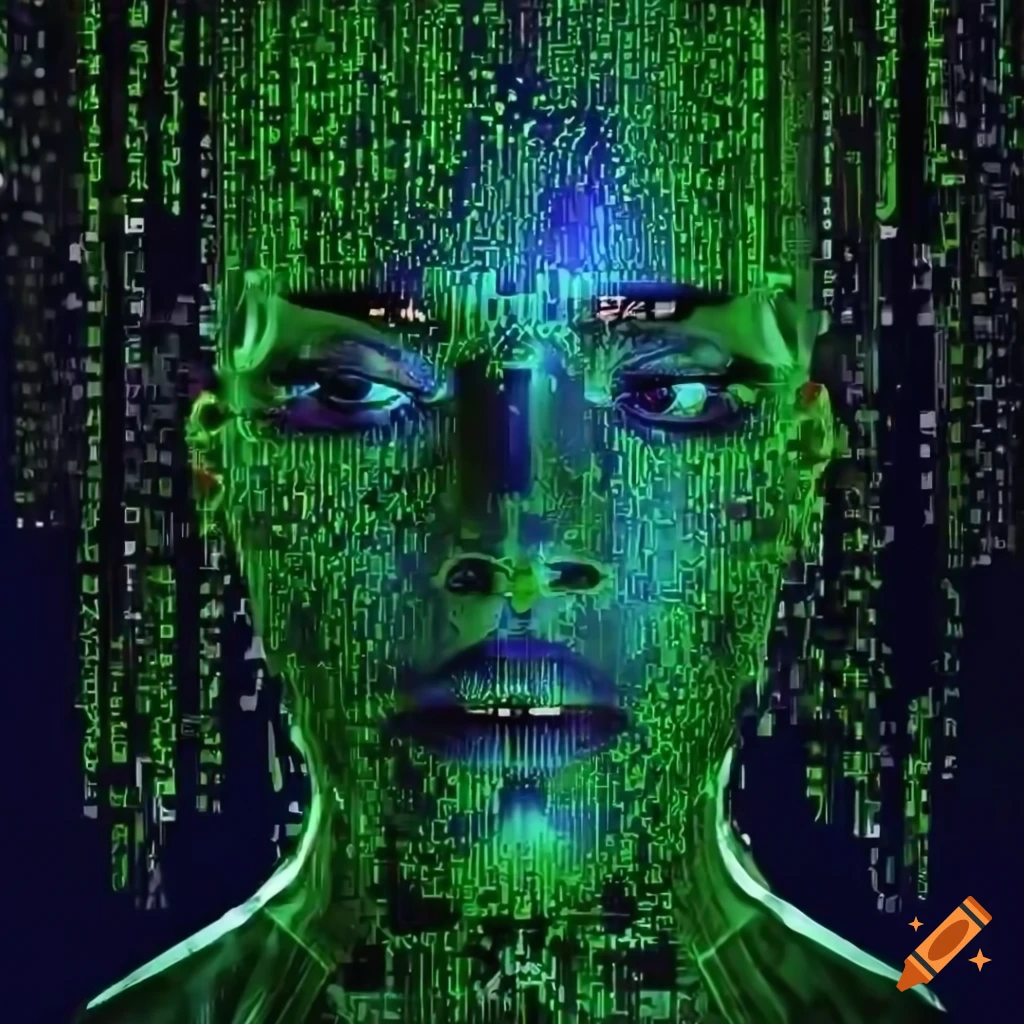 Futuristic computer matrix AI face in an illustration on Craiyon