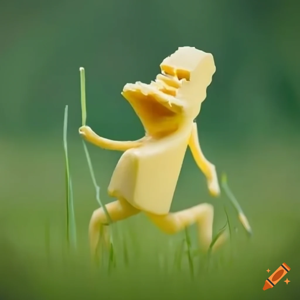 Butter-shaped figure eating grass while running in a meadow on Craiyon