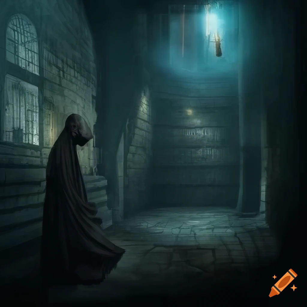Steampunk medieval prison interior with monks in a stormy night scene ...