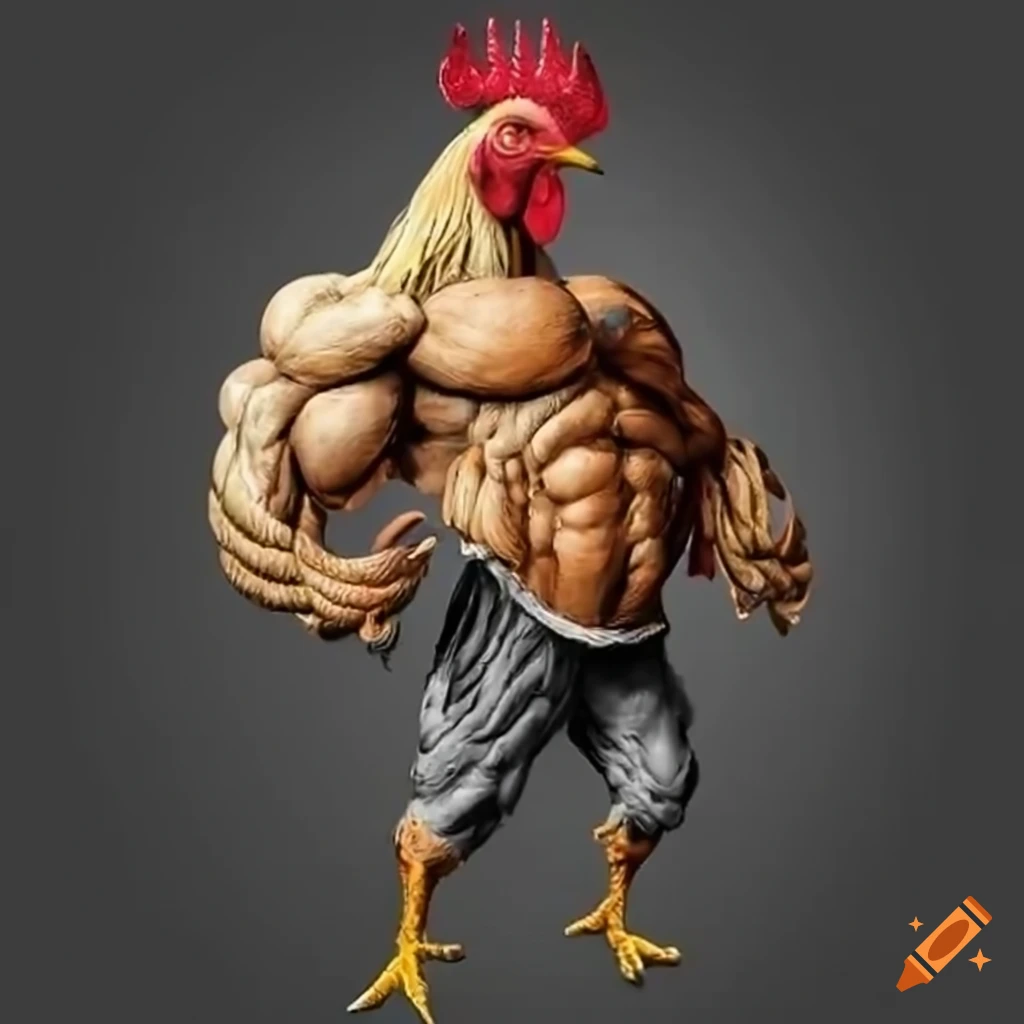 Muscular rooster dragging meme coins with a rope on Craiyon