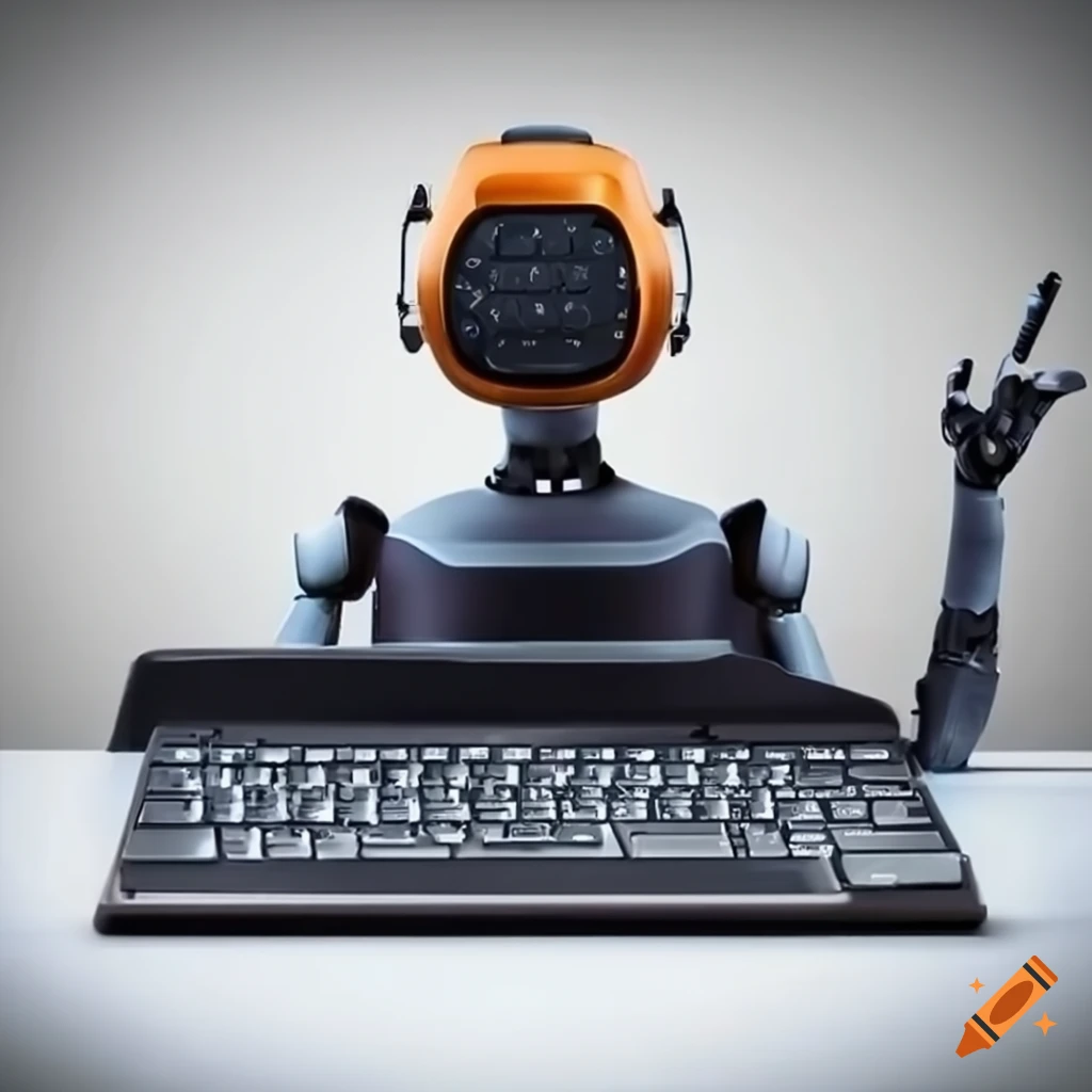 Programmer typing on keyboard connected to robot on table on Craiyon