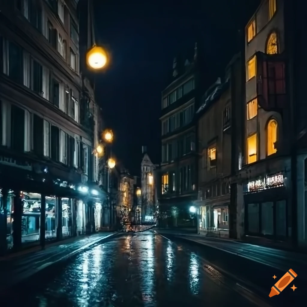 Moody night city street illuminated by glowing lamp posts on Craiyon