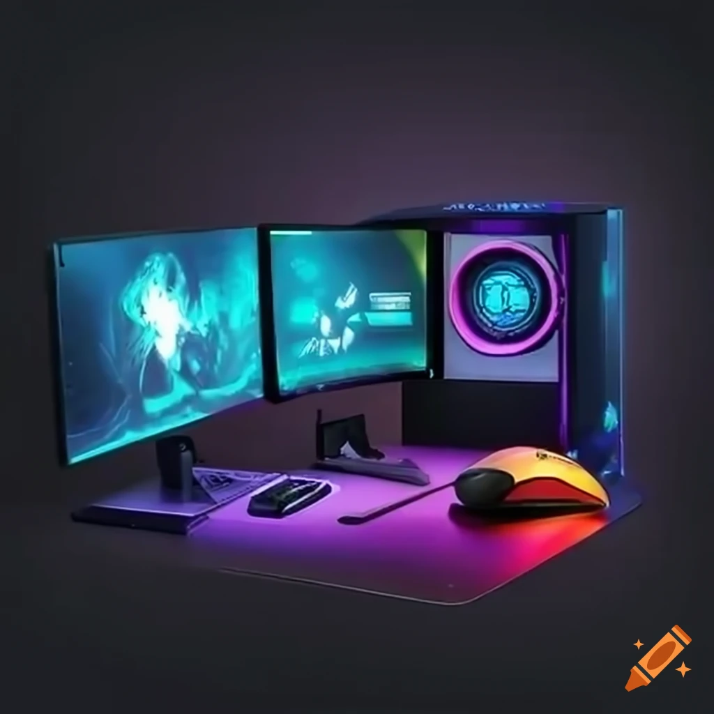 Gaming setup with RGB keyboard and mouse, dual monitors side by side with cyan accent on Craiyon