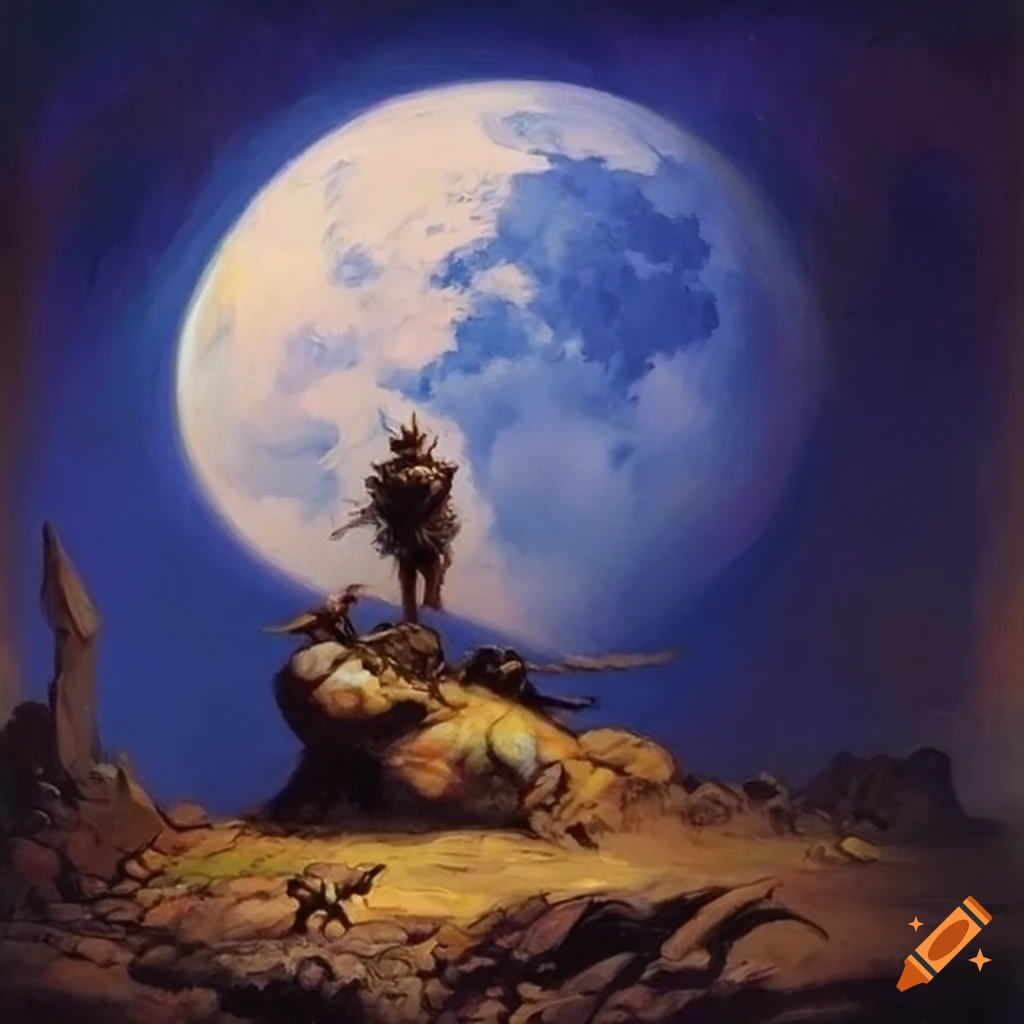 Landscape with large planet or moon in the sky in frank frazetta style ...