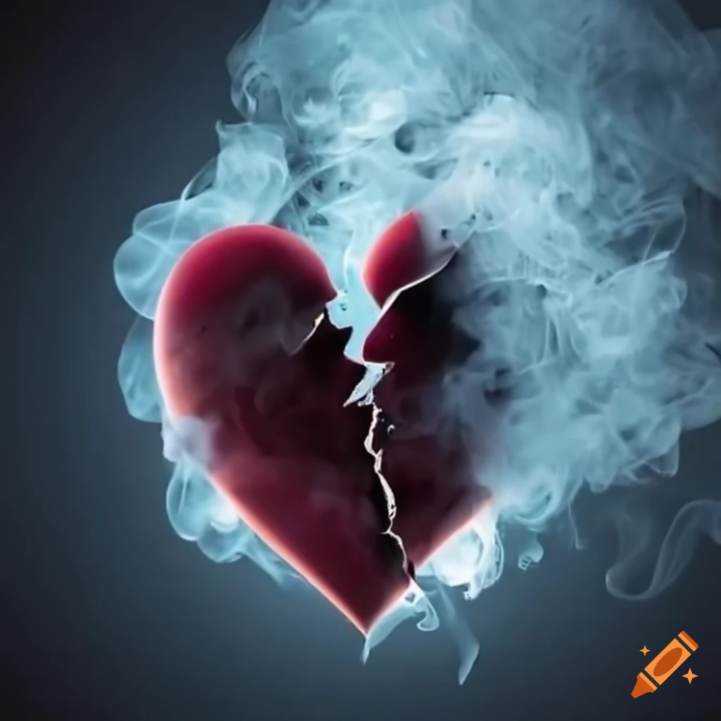 Dramatic broken heart surrounded by smoke on Craiyon