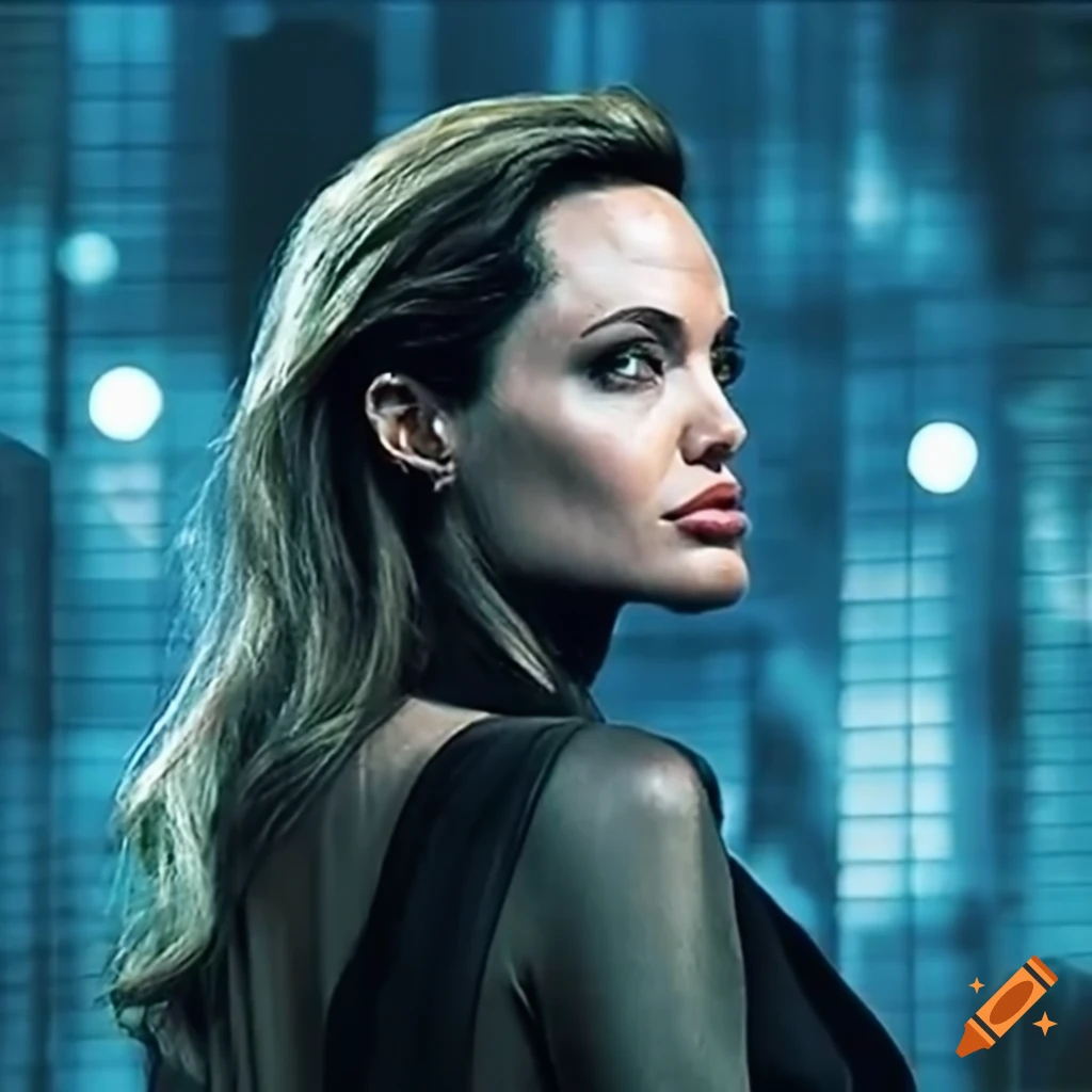 Angelina jolie in action scene from bladerunner on Craiyon