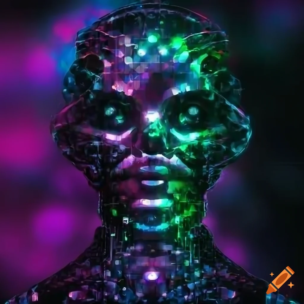 Abstract futuristic transparent face with a solid spirit inside, dark ...