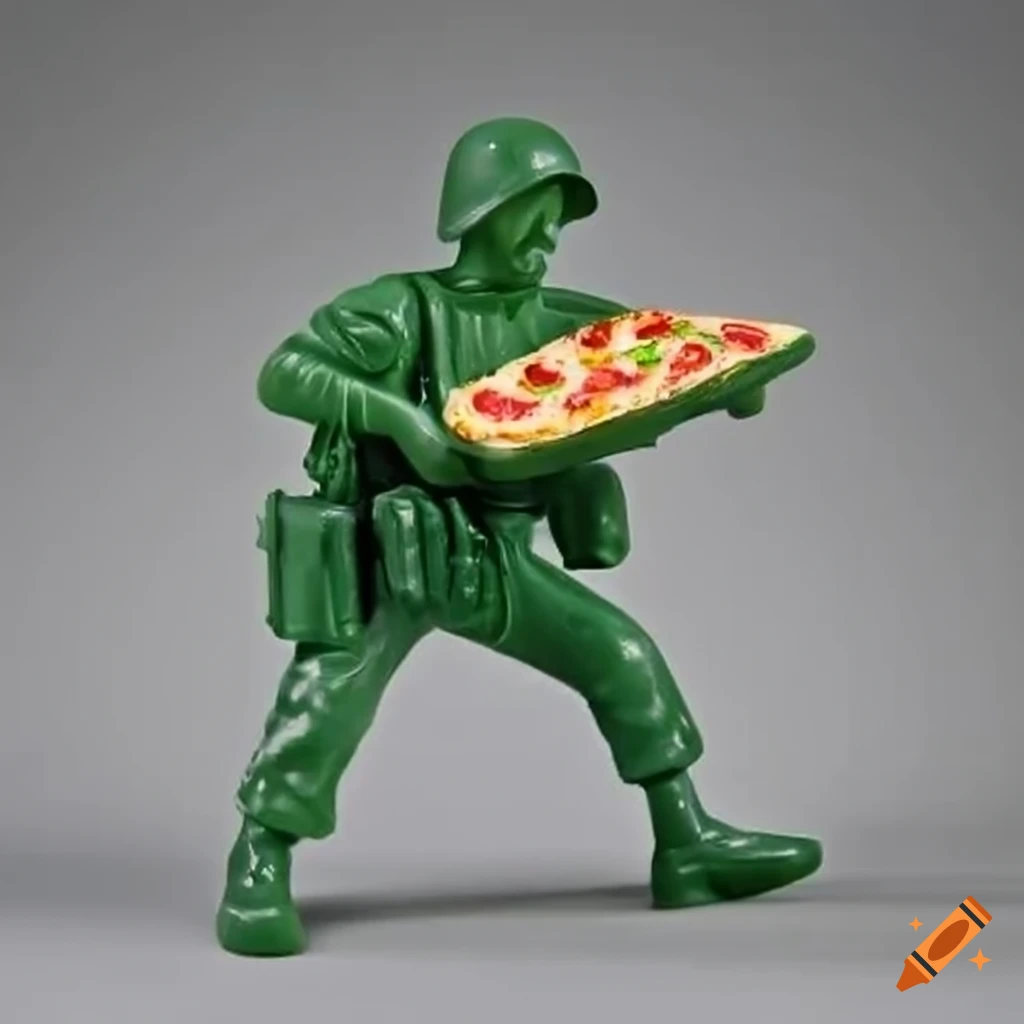 Plastic green army soldier with pizza on Craiyon