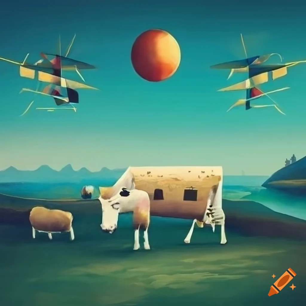 Surreal countryside scene with geometric cow and sheep shapes on Craiyon