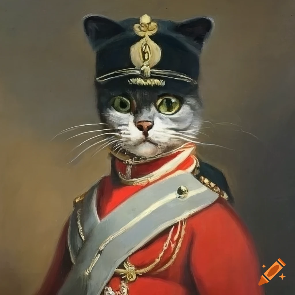 1800s oil painting of a grey cat in a british officer's uniform on Craiyon